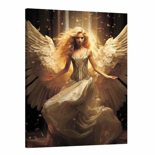 Интерьерная картина 50х70 "Ангел с крыльями из перьев"