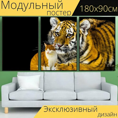Модульный постер "Животные, кот, тигр" 180 x 90 см. для интерьера