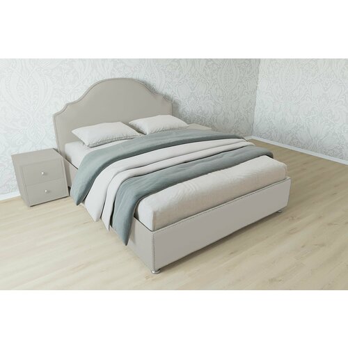 Двуспальная кровать Мария 180x200 с подъемным механизмом и с коробом для белья велюр бежевый ножки 13 см хром