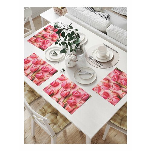 Салфетки на стол для сервировки прямоугольные, плейсмат "Тюльпаны" JoyArty, 32x46 см, в комплекте 4шт, серия 8 марта