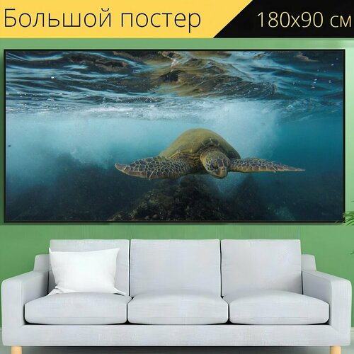 Большой постер "Морская черепаха, океан, гавайи" 180 x 90 см. для интерьера
