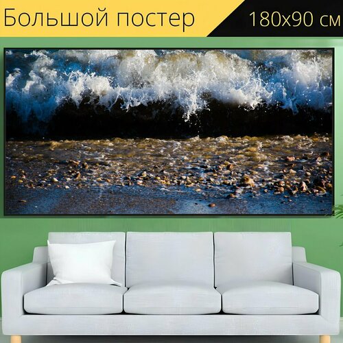 Большой постер "Вода, пляж, камешки" 180 x 90 см. для интерьера