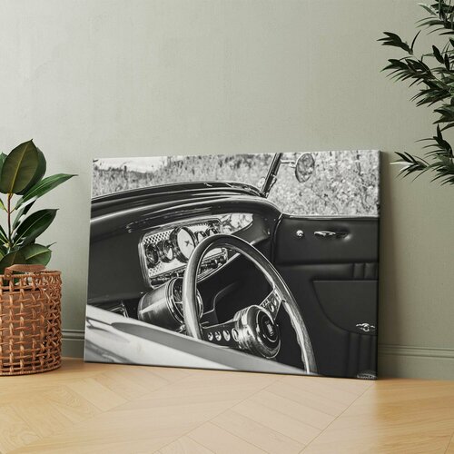 Картина на холсте (Черно-белое фото приборной панели автомобиля) 20x30 см. Интерьерная, на стену.