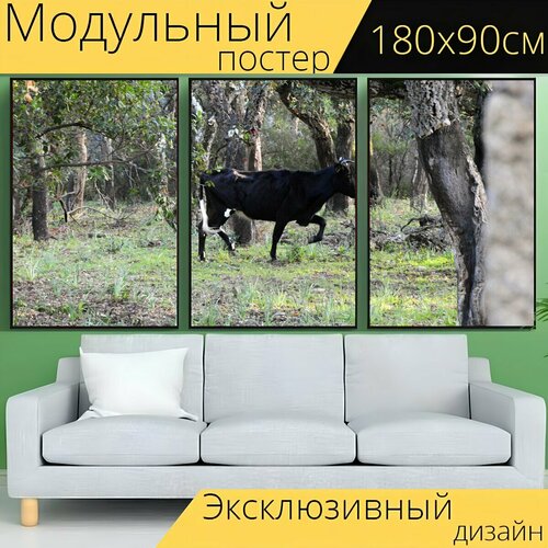 Модульный постер "Корова, дикий, чернить" 180 x 90 см. для интерьера
