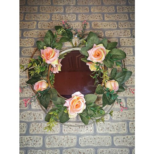 Декор для интерьера, зеркало круглое на стену, на полку с искусственными розами