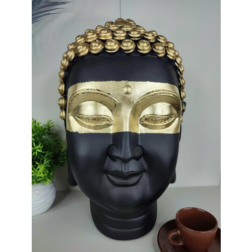 Статуэтка интерьерная голова будды большая в декоре "Black and Gold", фигурка декоративная для дома. Выс. 44 см