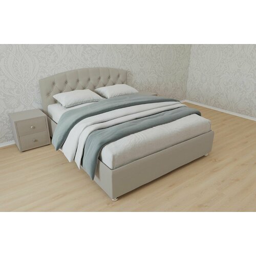 Двуспальная кровать Берлин с матрасом 160x200 основание металлическое с ламелями велюр бежевый ножки 5 см
