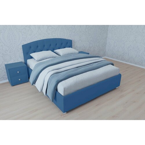 Односпальная кровать Берлин 90x200 основание металлическое с ламелями велюр синий ножки 5 см