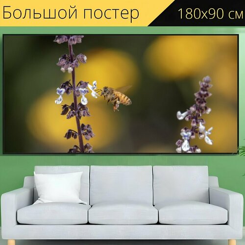 Большой постер "Пчела, цветок, природа" 180 x 90 см. для интерьера