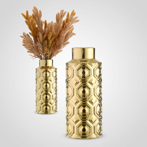 Золотистая керамическая ваза-цилиндр с узким горлом 36*14*9 см