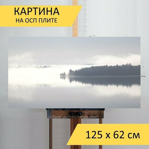 Картина на ОСП 125х62 см. "Озеро, отражение, деревья" горизонтальная, для интерьера, с креплениями