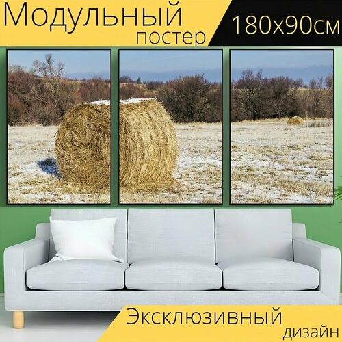 Модульный постер "Тюков сена, зима, снег" 180 x 90 см. для интерьера