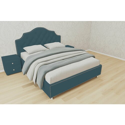 Двуспальная кровать Мария с кареткой 180x200 основание металлическое с ламелями велюр бирюзовый ножки 13 см хром