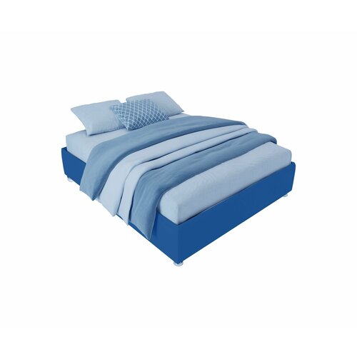 Двуспальная кровать Основание без изголовья 200x200 с подъемным механизмом и с коробом для белья велюр синий ножки 13 см хром