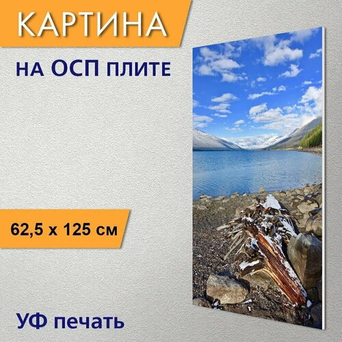 Вертикальная картина на ОСП "Горы, озеро, древесина" 62x125 см. для интерьериа