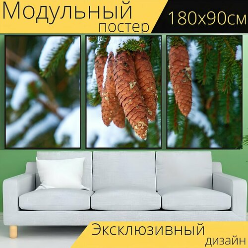 Модульный постер "Зима, шишка, дерево" 180 x 90 см. для интерьера