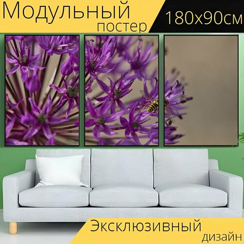 Модульный постер "Декоративные лук, фиолетовый, пчела" 180 x 90 см. для интерьера