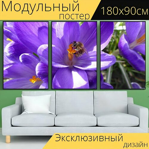 Модульный постер "Крокус, пчела, весна" 180 x 90 см. для интерьера