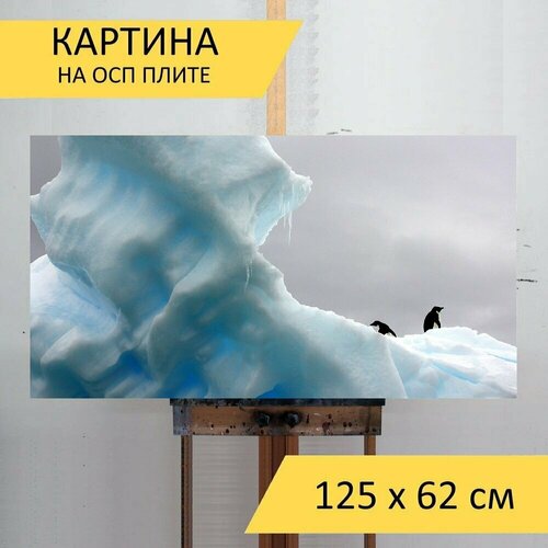 Картина на ОСП 125х62 см. "Пингвины, айсберг, полярный" горизонтальная, для интерьера, с креплениями