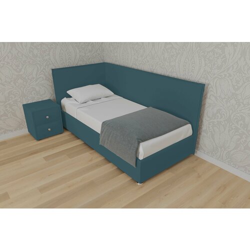 Односпальная кровать Сеул 90x200 с подъемным механизмом и с коробом для белья велюр бирюзовый без ножек угол правый