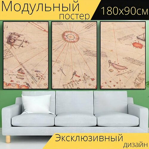 Модульный постер "Карта, компас, история" 180 x 90 см. для интерьера