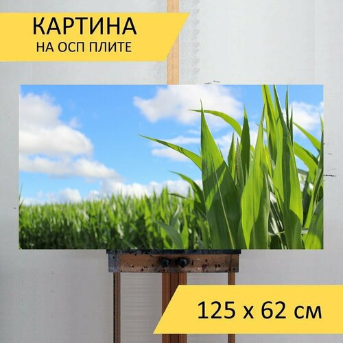 Картина на ОСП 125х62 см. "Кукуруза, поле, ферма" горизонтальная, для интерьера, с креплениями