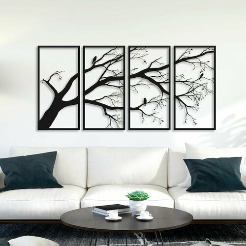 Декоративное металлическое панно, Птицы на дереве, набор из 4 элементов декора (черный цвет)