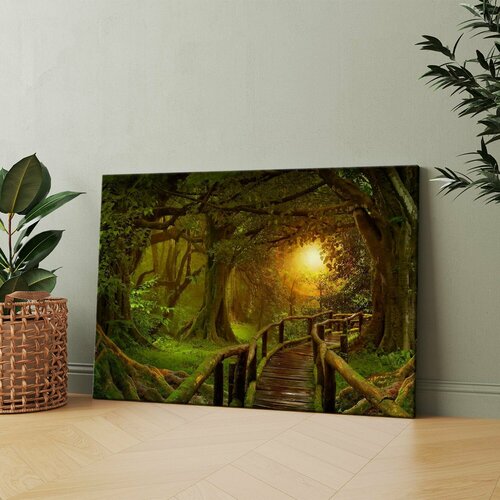 Картина на холсте (Тропа через лес со мхом и деревьями) 30x40 см. Интерьерная, на стену.