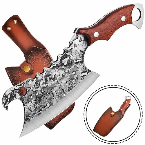 Кованый кухонный нож - топорик Butcher King Viking. Нож для разделки мяса. Высокоуглеродистая сталь. Длина лезвия 16 см. В кожаных ножнах