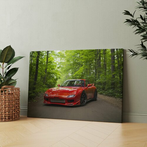 Картина на холсте "Красный спортивный автомобиль, припаркованный на обочине дороги" 30x40 см. Интерьерная, на стену.