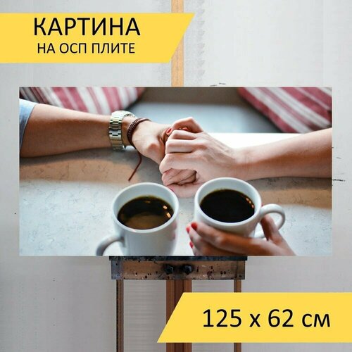 Картина на ОСП 125х62 см. "Любовь, кофе, чашка" горизонтальная, для интерьера, с креплениями