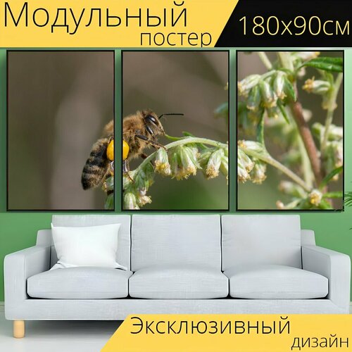 Модульный постер "Пчела, цветы, опыление" 180 x 90 см. для интерьера