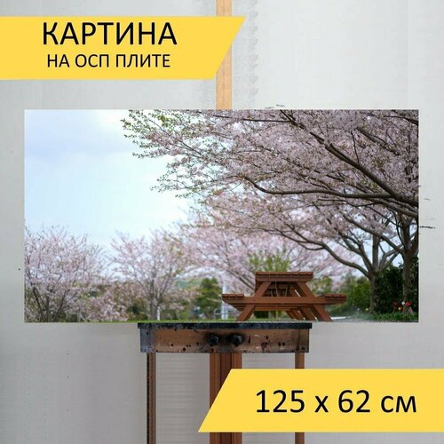 Картина на ОСП 125х62 см. "Сакура, япония, природа" горизонтальная, для интерьера, с креплениями