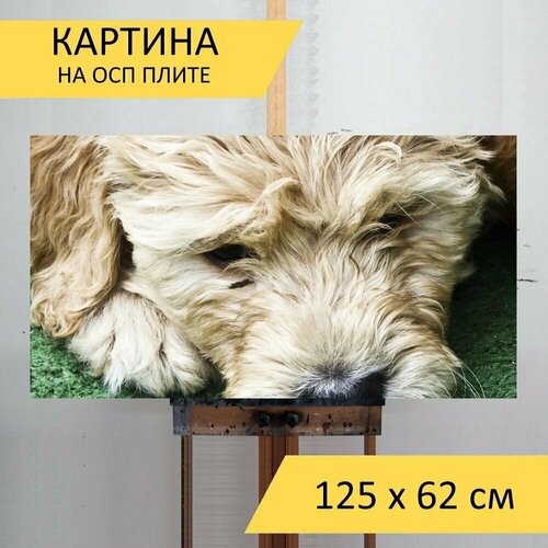 Картина на ОСП 125х62 см. "Собака, щенок, золотой каракули" горизонтальная, для интерьера, с креплениями