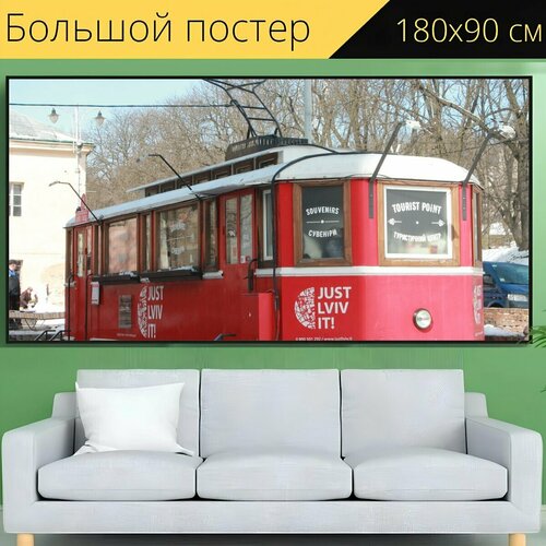 Большой постер "Старый трамвай, система транспорта, экскурсия" 180 x 90 см. для интерьера