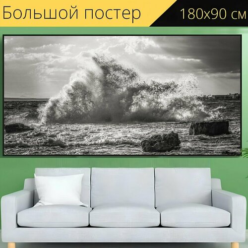 Большой постер "Буря, волна, дробление" 180 x 90 см. для интерьера