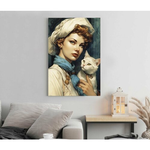 Интерьерная картина на холсте "Ретро девушка с кошкой" 50х70 см
