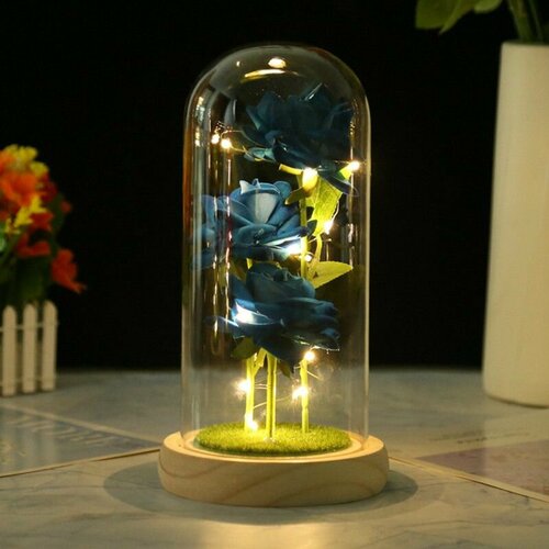 Тёмно-синие розы в стеклянной колбе с газоном и светодиодной подсветкой (3шт) ночник, светильник в подарочной коробке.