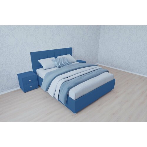 Двуспальная кровать Афина с матрасом 160x200 с подъемным механизмом и с коробом для белья велюр синий ножки 5 см