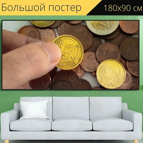 Большой постер "Монеты, евро, валюта" 180 x 90 см. для интерьера
