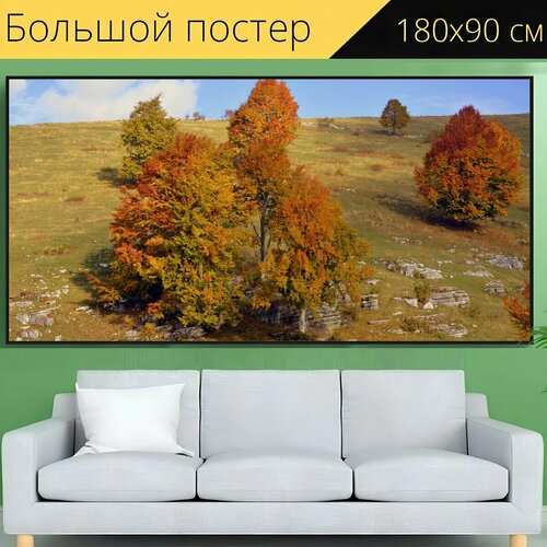 Большой постер "Экскурсия, деревья, осень" 180 x 90 см. для интерьера