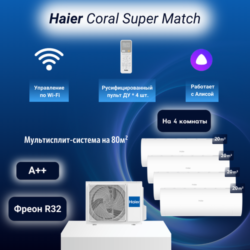 Мультисплит-система Haier Coral Super Match 4*AS20PS1HRA-M / 4U75S2SR5FA на 4 комнаты 20+20+20+20 м2