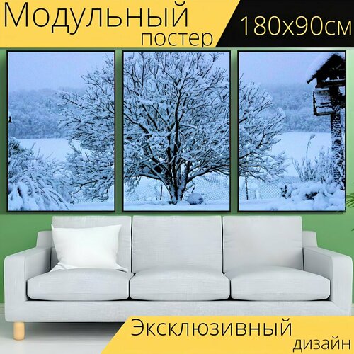 Модульный постер "Снег, зима, дерево" 180 x 90 см. для интерьера