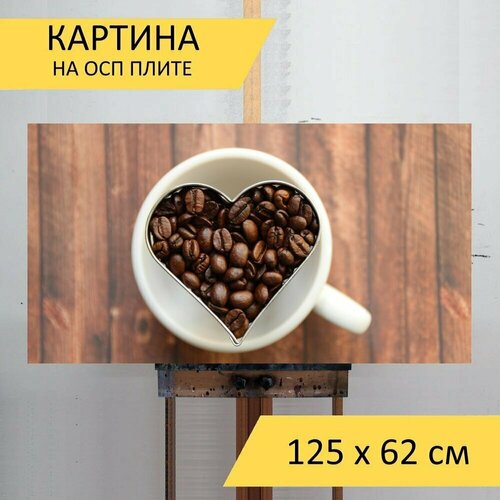 Картина на ОСП 125х62 см. "Кофе, чашка, сердце" горизонтальная, для интерьера, с креплениями