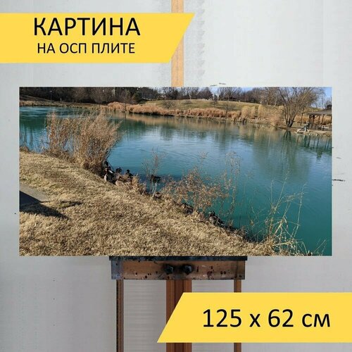 Картина на ОСП 125х62 см. "Озеро, зима, утки" горизонтальная, для интерьера, с креплениями