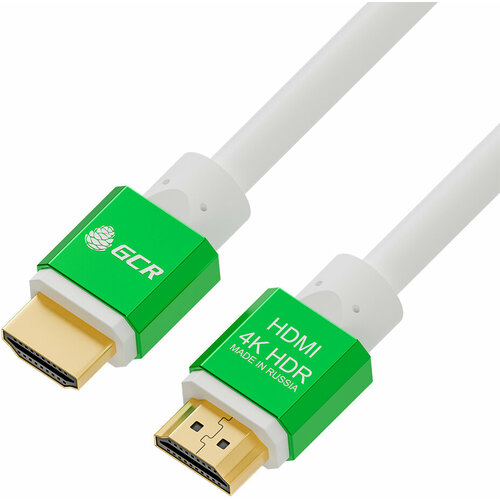 Greenconnect Кабель 2.0m HDMI версия 2.0, HDR 4:2:2, Ultra HD, 4K 60 fps 60Hz/5K*30Hz, 3D, AUDIO, 18.0 Гбит/с, 28/28 AWG, OD7.3mm, тройной экран, белый, AL корпус зеленый, GCR-51294 Greenconnect HDMI (m) - HDMI (m) 2м (GCR-51294)