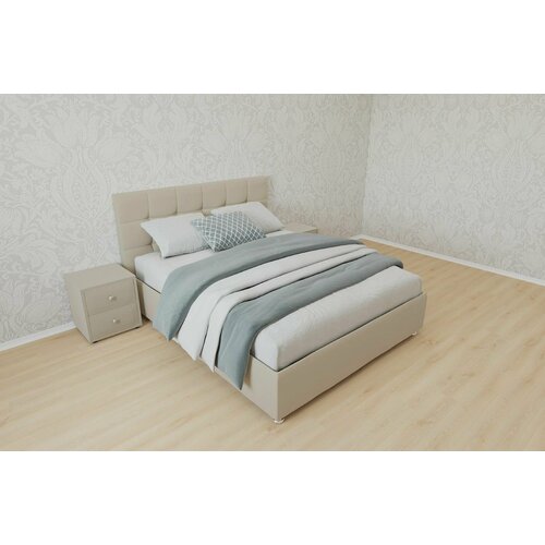 Двуспальная кровать Афина с матрасом 160x200 основание металлическое с ламелями велюр бежевый ножки 13 см хром