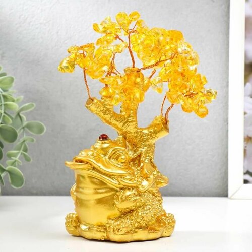 Денежное дерево с янтарем и жабой богатства, 108 камней, цвет золотой, 17 см.