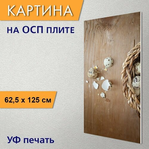 Вертикальная картина на ОСП "Яйца, перепелиные яйца, сломанный" 62x125 см. для интерьериа