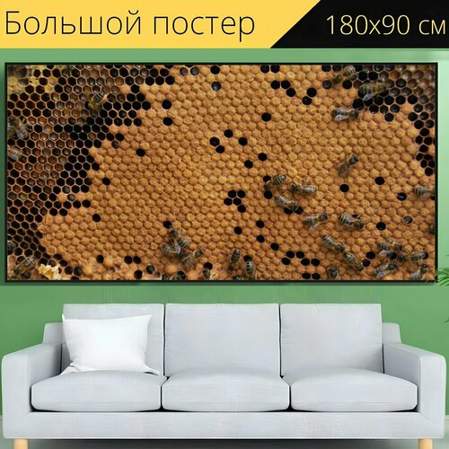 Большой постер "Пчелы, соты, улей" 180 x 90 см. для интерьера